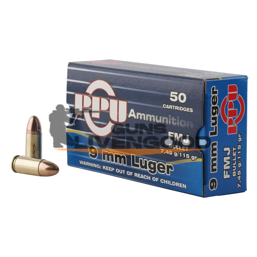 PPU Centerfire Handgun Brass 9mm 115-Grain 50-Rounds FMJ - LIVENGOOD GUNS