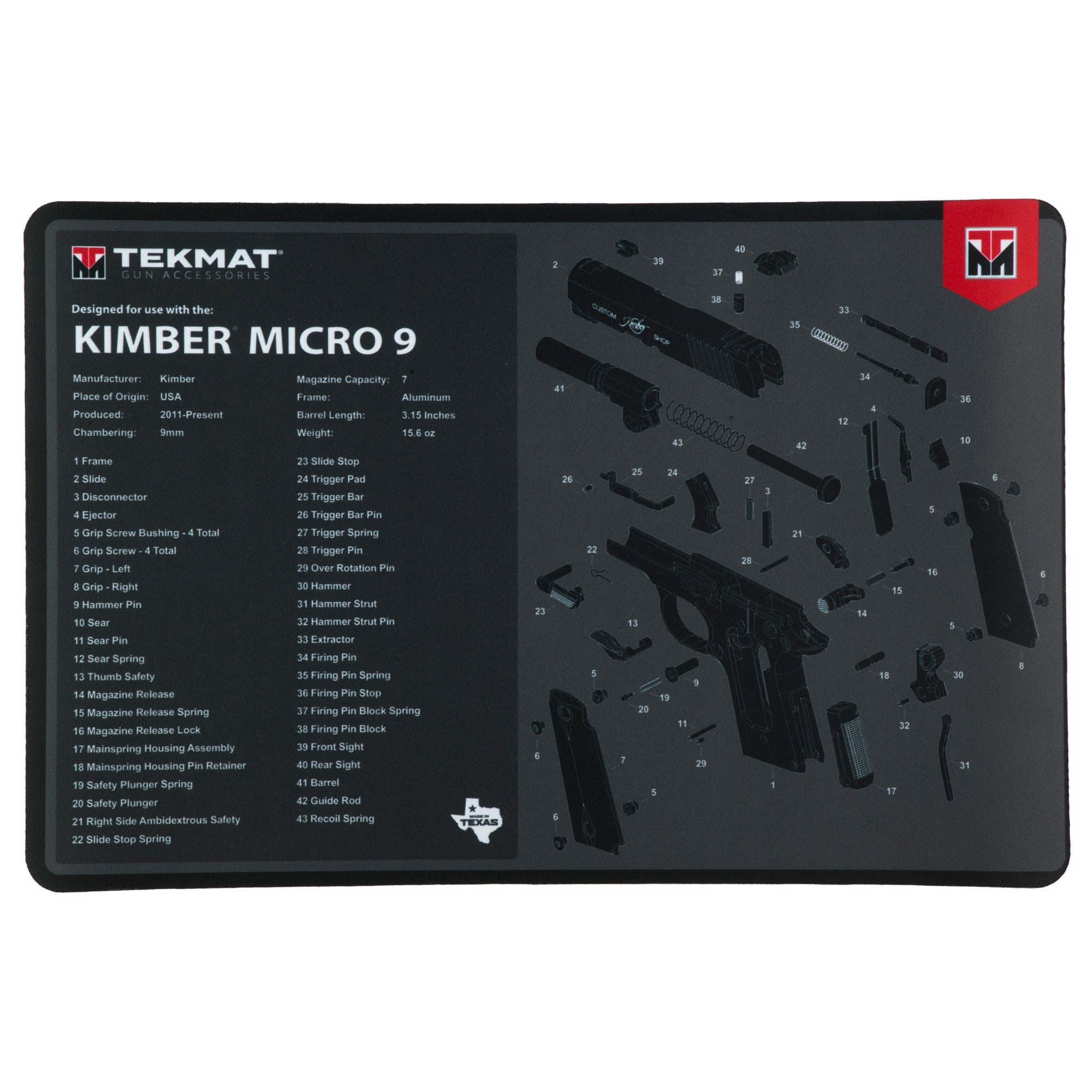 TekMat Cleaning Mat 11x17" Kimber Micro 9 Diagram - LIVENGOOD GUNS